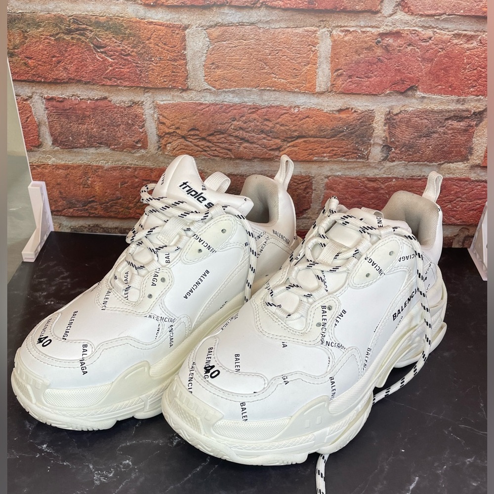 Balenciaga White Triple S All Over Logo Sneakers Size… - Gem